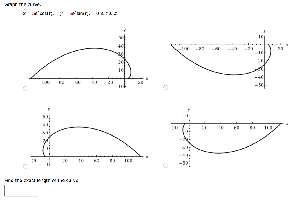 Solved Graph the curve. x = 5e^t cos(t), y = 5e^t sin(t), 0 | Chegg.com