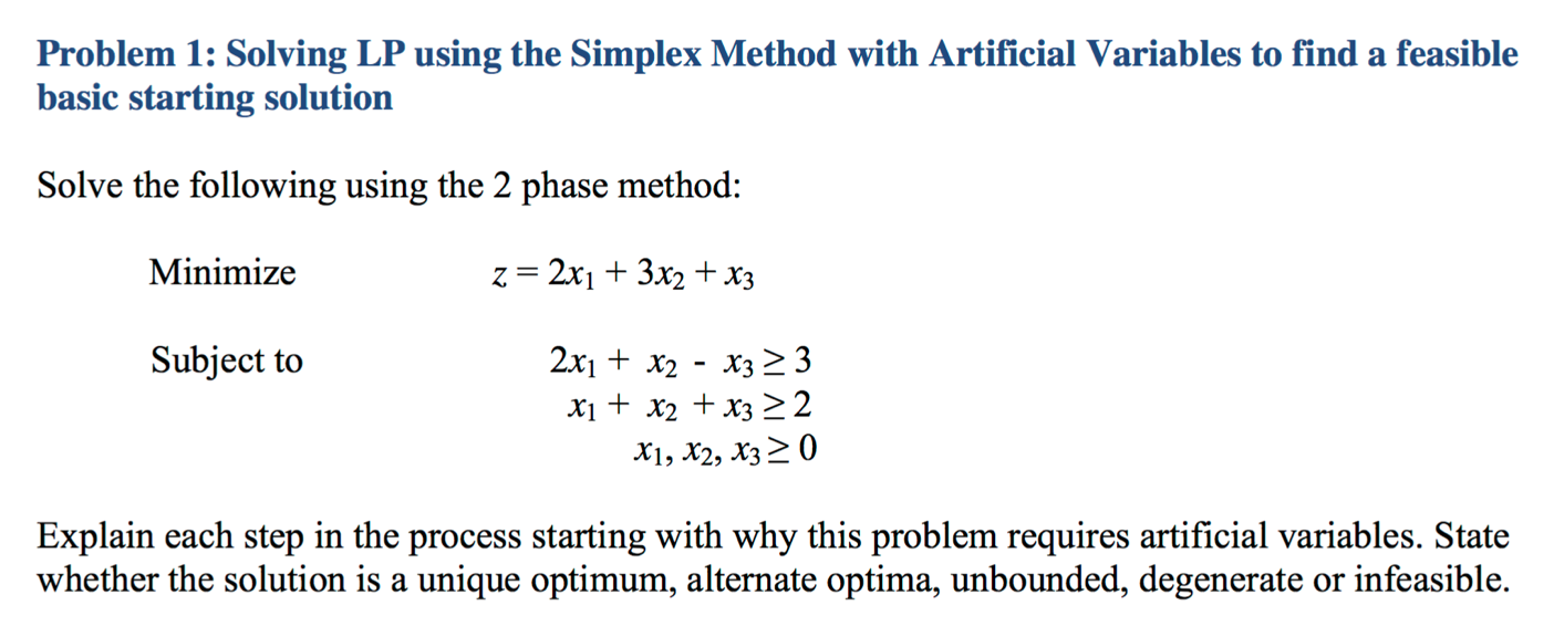 Solving LP using the Simplex Method with Artificial | Chegg.com