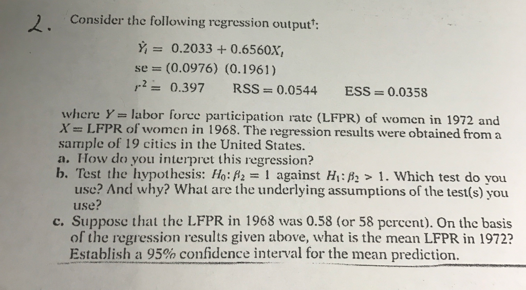 Solved Consider The Following Regression Output Y