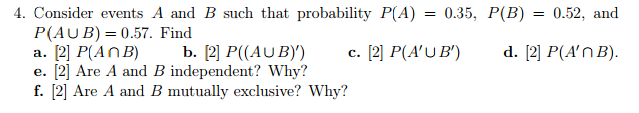 Solved Consider events A and B such that probability P(A) = | Chegg.com