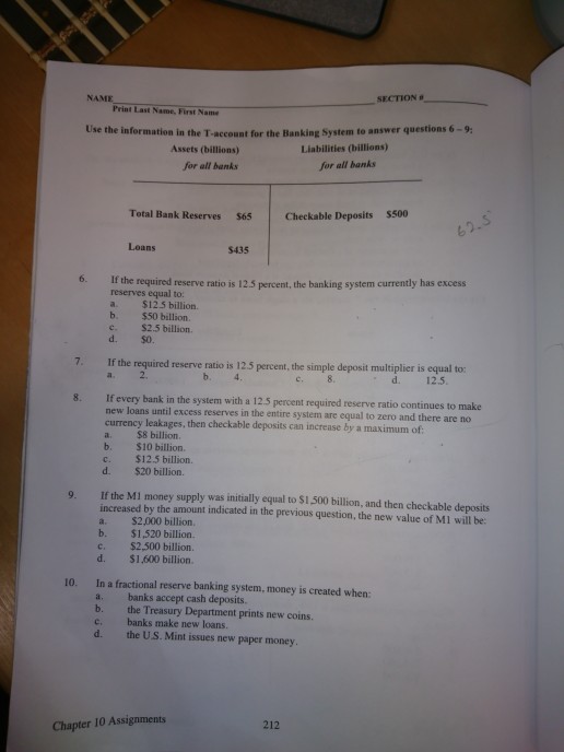 Solved NAME SECTION。 Print Last Name, First Name Use the | Chegg.com