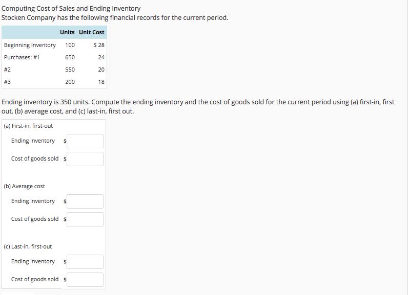 Solved Computing Cost of Sales and Ending Inventory Stocken | Chegg.com