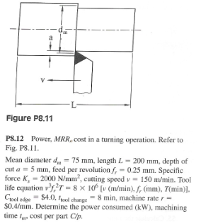 Solved Power, MRR, cost in a turning operation. Refer to | Chegg.com