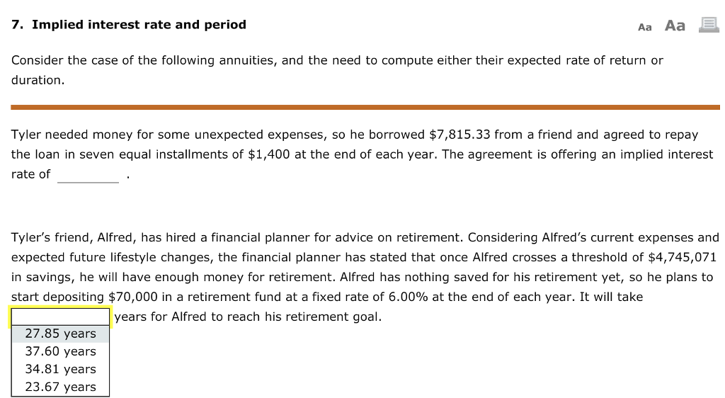 Solved 7. Implied interest rate and period Aa Aa Consider | Chegg.com