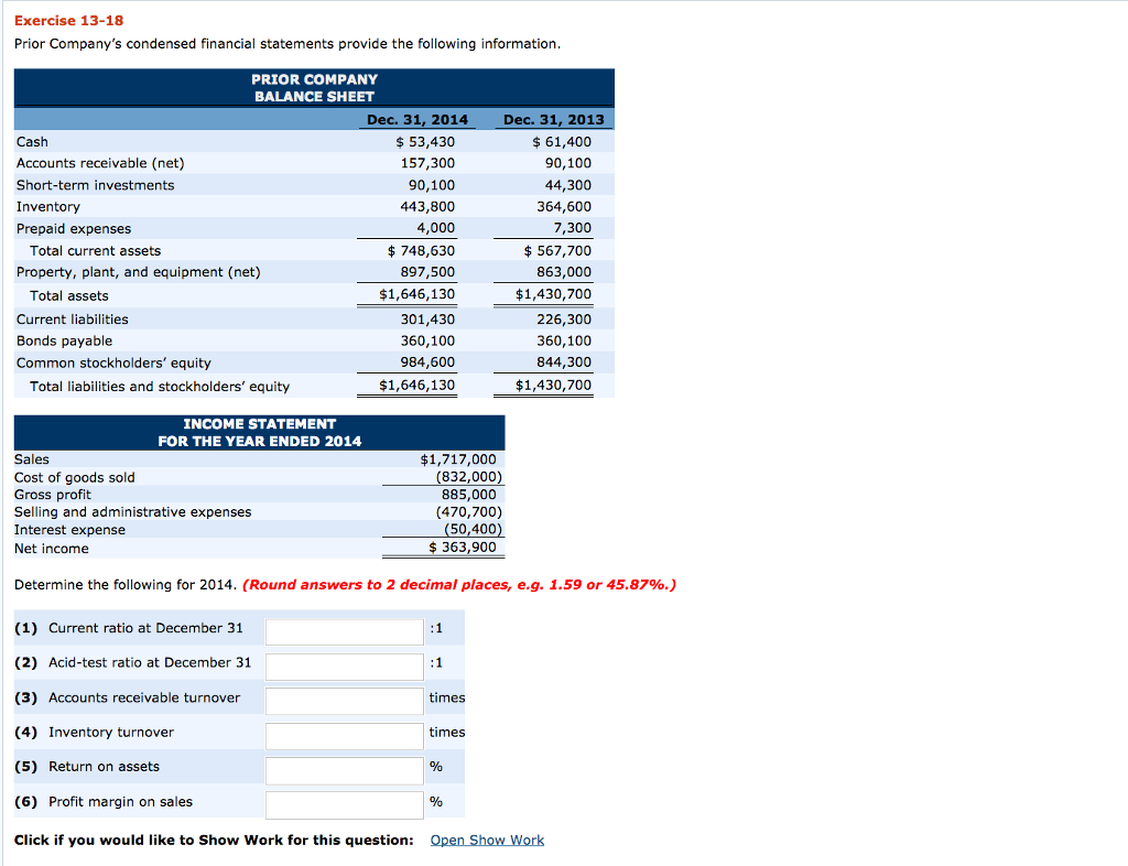 Solved Prior Company's condensed financial statements | Chegg.com