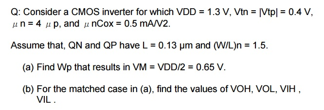 Solved Consider a CMOS inverter for which VDD = 1.3 V, Vtn = | Chegg.com