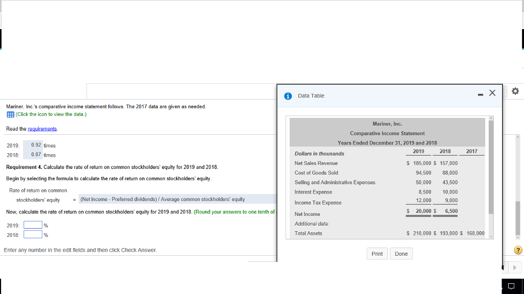 Data Table Mariner, Inc.'s comparative income | Chegg.com