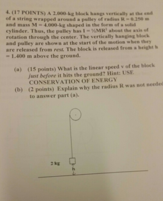 Solved 4. (17 POINTS) A 2.000-kg block hangs vertically at | Chegg.com