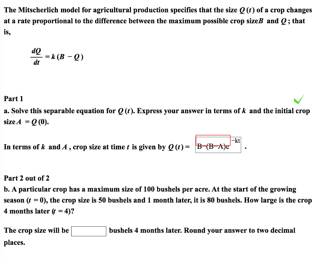 Solved The Mitscherlich model for agricultural production | Chegg.com