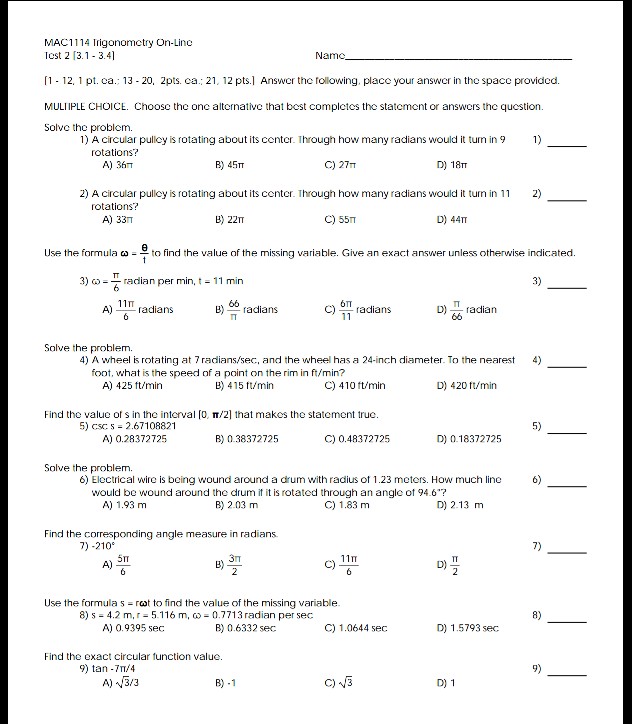 Solved MAC1114 Irigonomctry Linc lest 213.1 3.4 NamC. [1 12. | Chegg.com