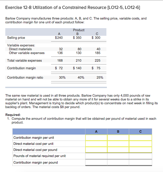 Solved Exercise 12-8 Utilization of a Constrained Resource | Chegg.com