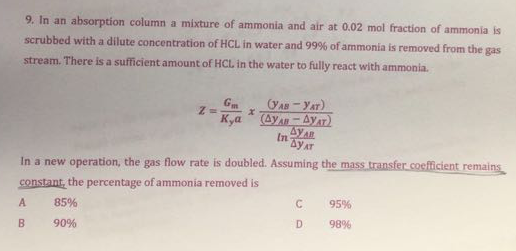 Solved 9. In an absorption column a mixture of ammonia and | Chegg.com