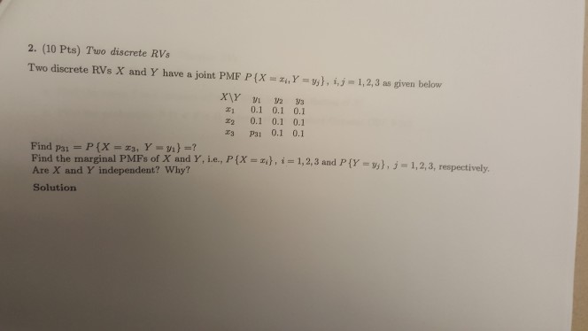 Solved 2. (10 Pts) Two discrete RVs Two discrete RVs X and Y | Chegg.com