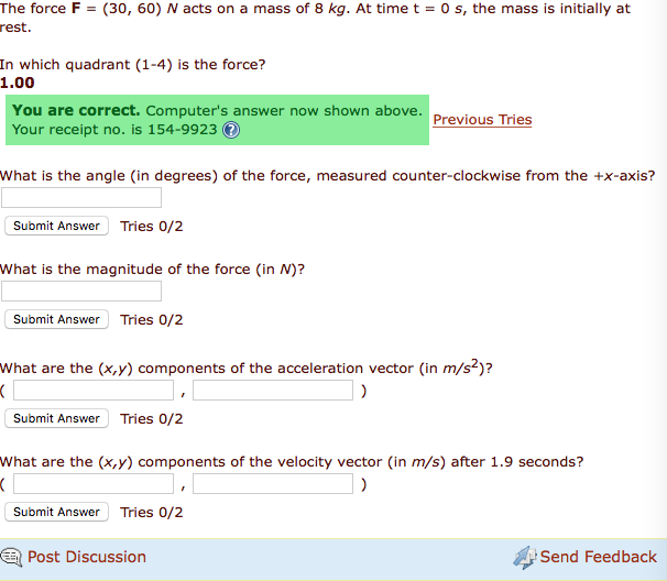 Solved The Force F 30 60 N Acts On A Mass Of 8 Kg At