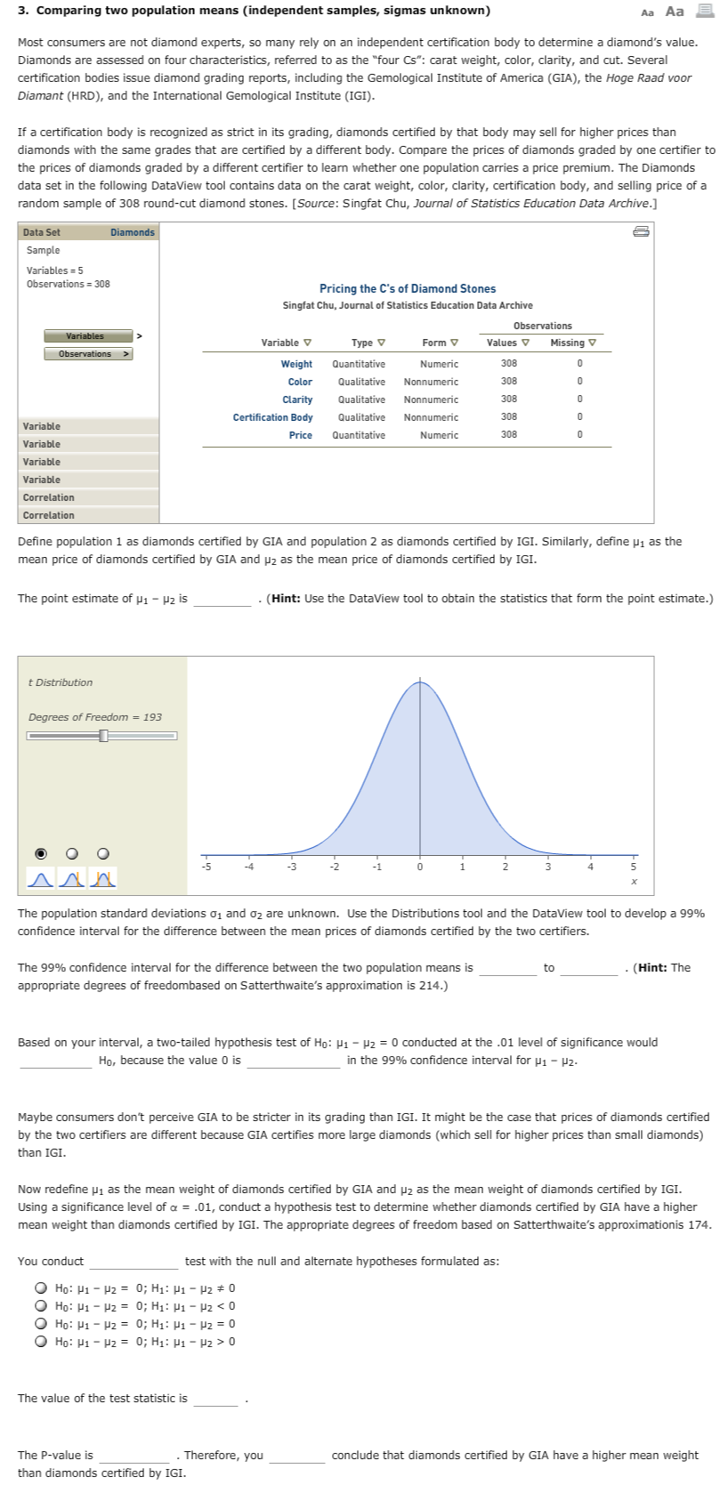 Comparing two population means (independent samples, | Chegg.com