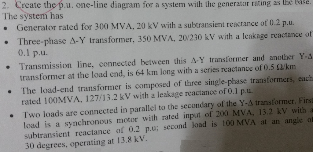 Solved 2. Create the p.u. one-line diagram for a system with | Chegg.com