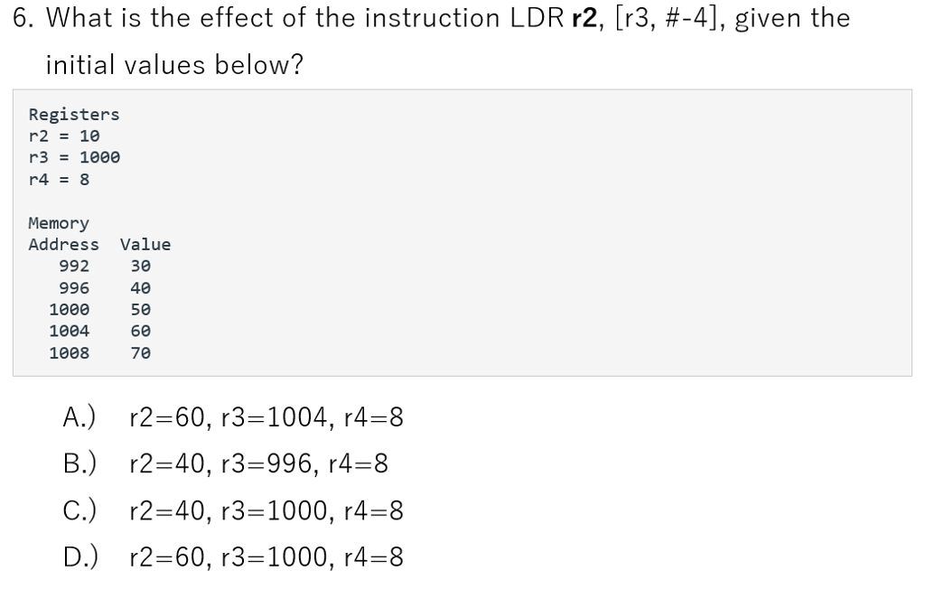 Solved 6. What is the effect of the instruction LDR r2, [r3, | Chegg.com