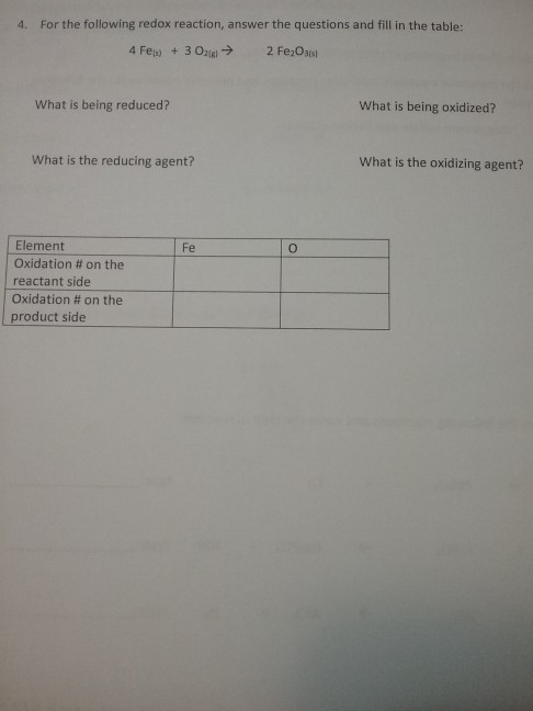 Solved 4. For the following redox reaction, answer the | Chegg.com
