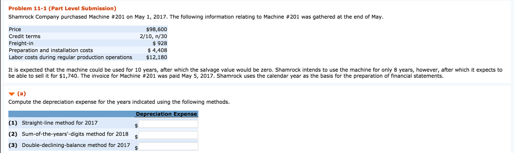 Solved Problem 11-1 (Part Level Submission) Shamrock Company | Chegg.com