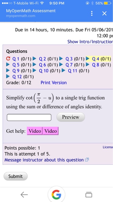 Solved Simplify cot(pi/2 - u) to a single trig function | Chegg.com