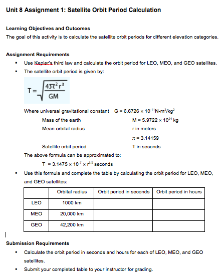Unit 8 Assignment 1: Satellite Orbit Period | Chegg.com