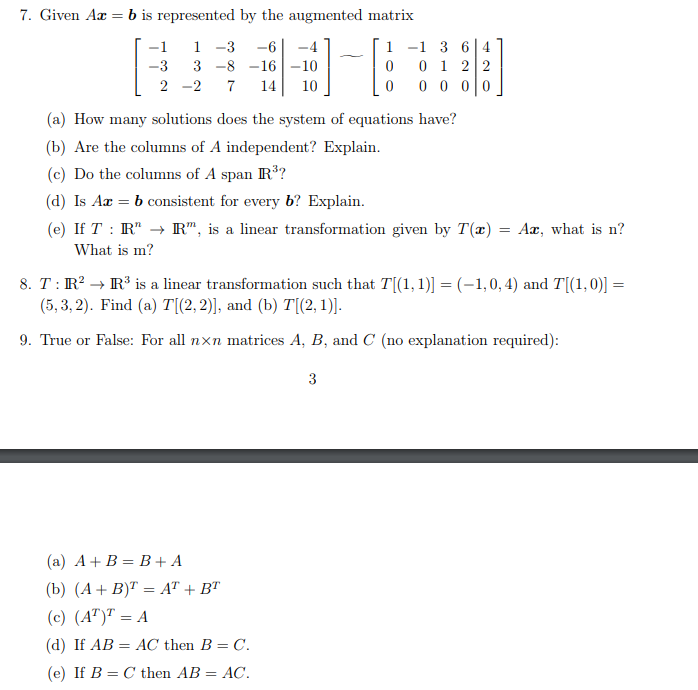 Solved 7. Given Ax b is represented by the augmented matrix | Chegg.com