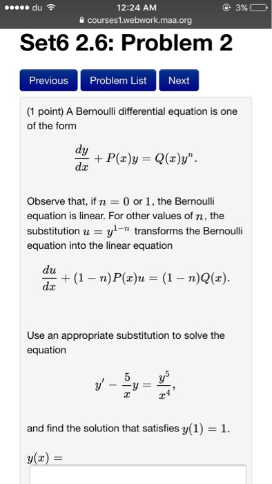 Solved A Bernoulli differential equation is one of the form | Chegg.com
