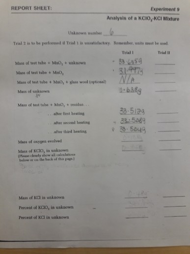 REPORT SHEET: Experiment 9 Analysis of a KCiO,-KCI | Chegg.com