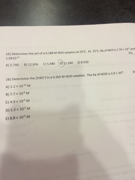 Solved Determine the pH of a 0.188 M NH3 solution at 25 | Chegg.com