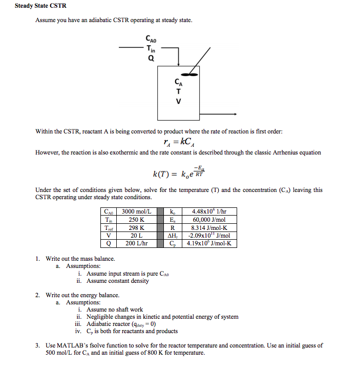 Solved Steady State CSTR Assume you have an adiabatic CSTR | Chegg.com
