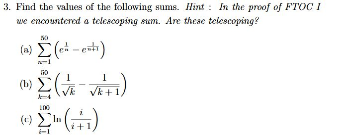 Solved 3. Find the values of the following sums. Hint In the | Chegg.com