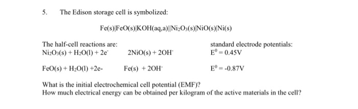 Solved The Edison storage cell is symbolized: | Chegg.com