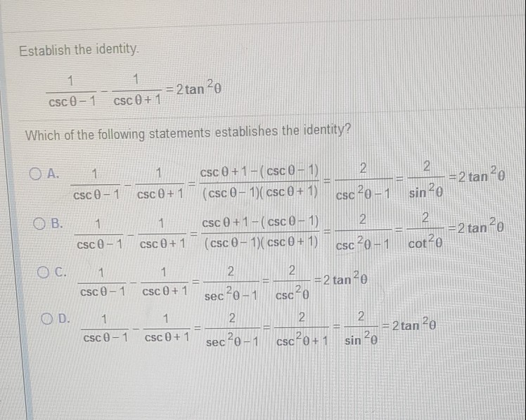 Solved Establish the identity. = 2 tan 20 csc0-1CSc 0+1 | Chegg.com