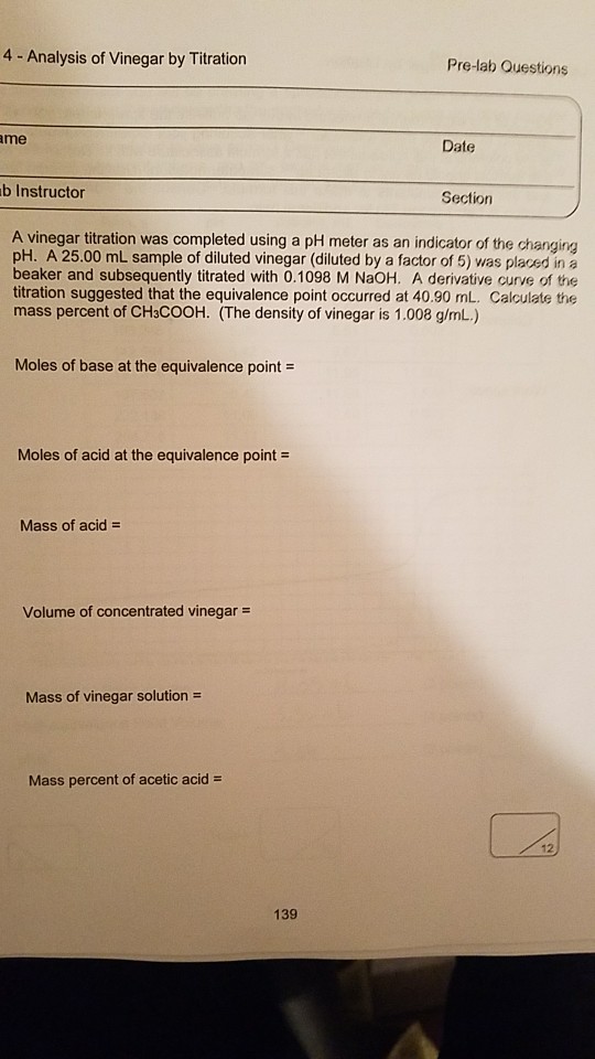 Solved 4 Analysis of Vinegar by Titration Pre-lab Questions | Chegg.com