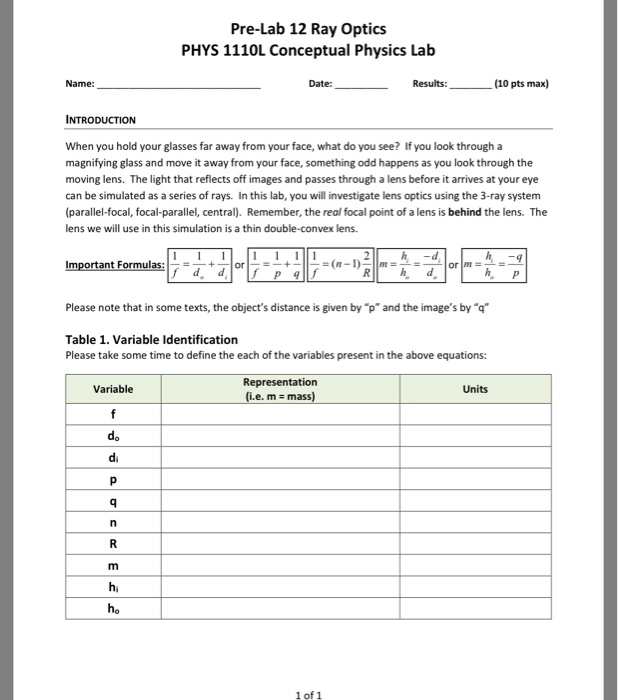 Solved Pre-Lab 12 Ray Optics PHYS 1110L Conceptual Physics | Chegg.com