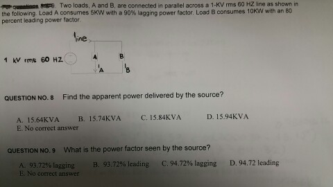 Solved Two loads, A and B, are connected in parallel across | Chegg.com