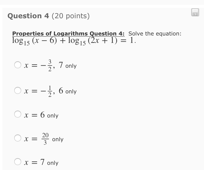 Solved Question 4 20 Points Solve The Equation Properties 
