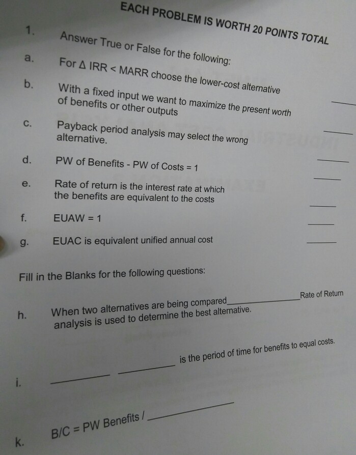 Solved EACH PROBLEM IS WORTH 20 POINTS TOTAL 1. Answer True | Chegg.com