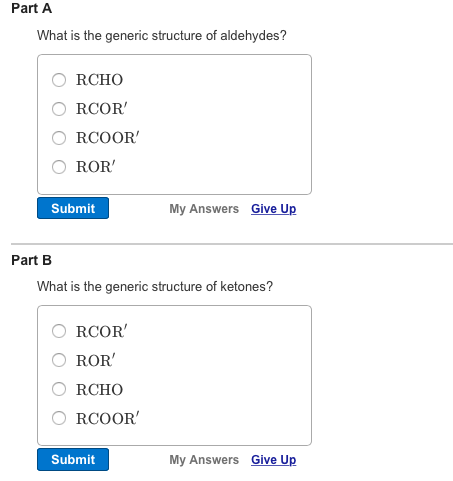 Solved What is the generic s of aldehydes? RCHO RCOR' | Chegg.com