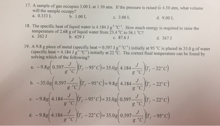 Solved A sample of gas occupies 3.00 L at 1.50 atm. If the | Chegg.com