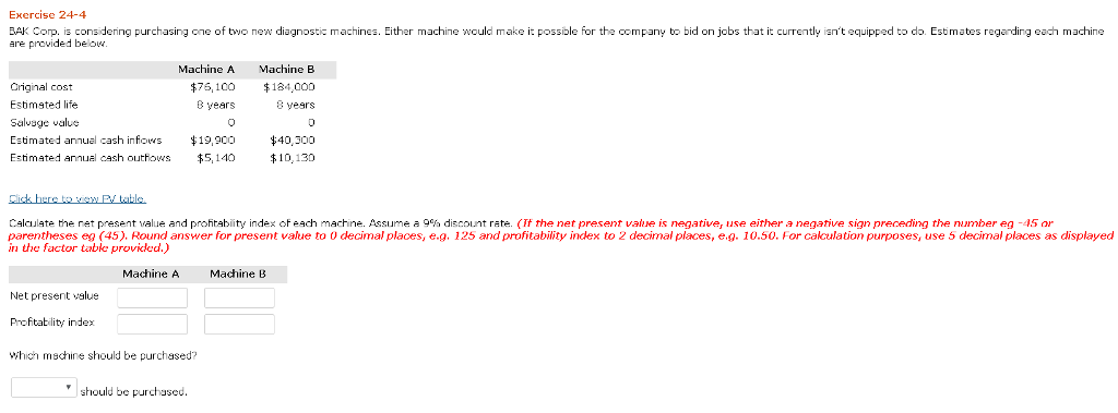 Solved Exercise 24-4 BAK Corp. is considering purchasing one | Chegg.com