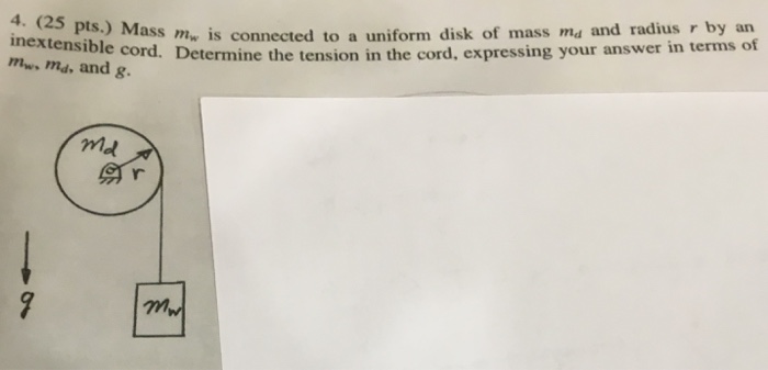 Solved Mass mw is connected to a uniform disk mass md and | Chegg.com