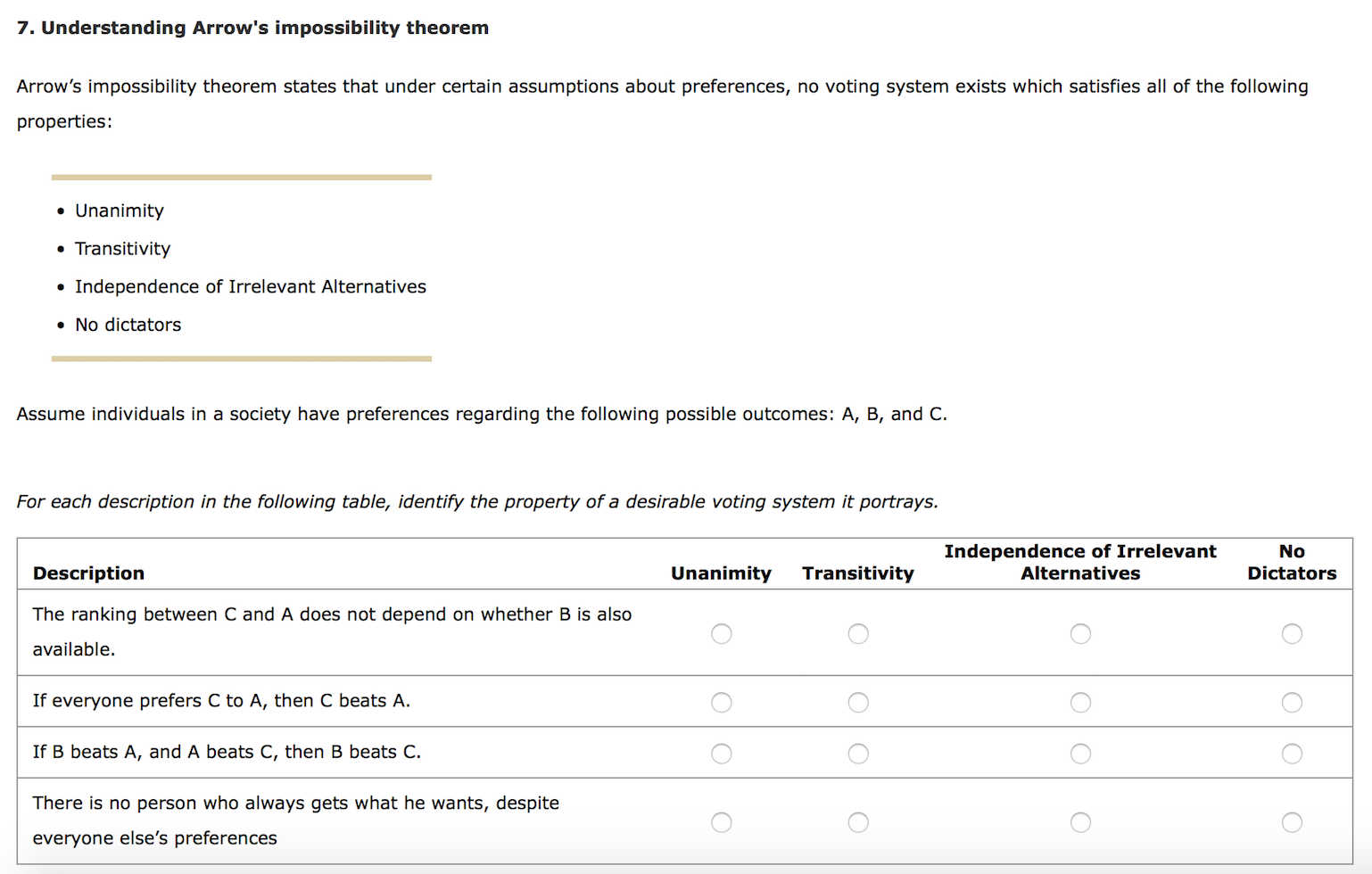 Understanding Arrow's impossibility theorem Arrow's | Chegg.com