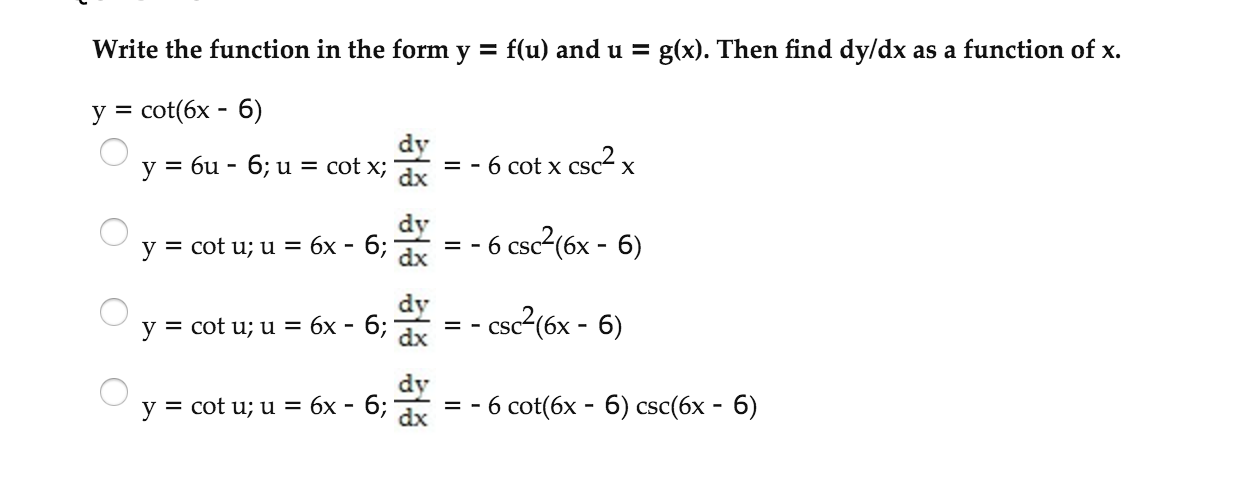 Solved Write the function in the form y=f(u) and u=g(x). | Chegg.com