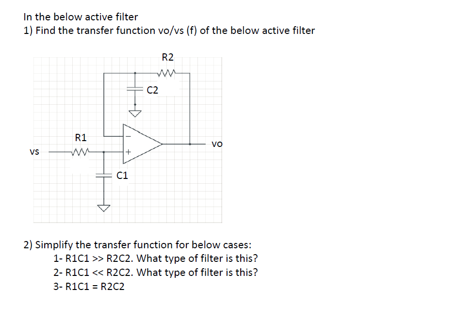 Solved In the below active filter Find the transfer | Chegg.com