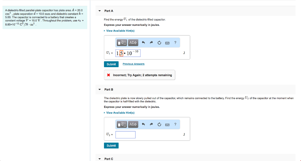 Solved A dielectric-filled parallel-plate capacitor has | Chegg.com