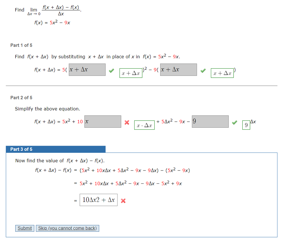 Solved Find lim x + Ax fx) = 5x2-9x Part 1 of 5 Find f(x Ax) | Chegg.com