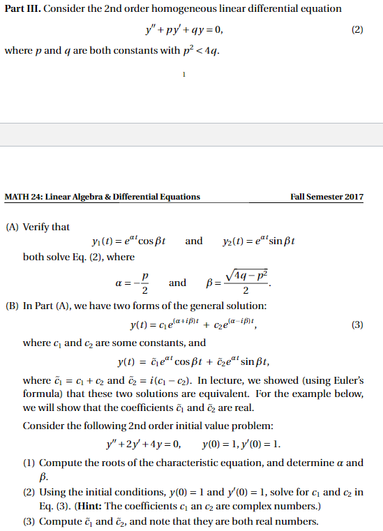 Solved Part III. Consider the 2nd order homogeneous linear | Chegg.com