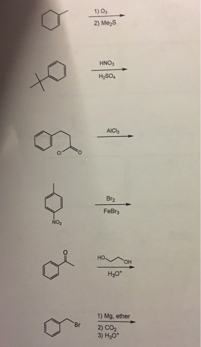 Solved NO2 1) O3 HNO3 H2SO4 AlCl3 Br2 FeBr3 HO, oH H30 1) | Chegg.com