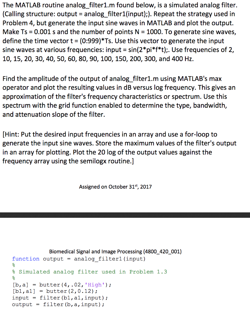 Solved The MATLAB routine analog_filter1.m found below, is a | Chegg.com